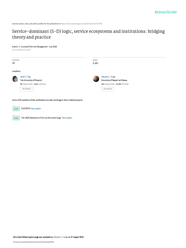 NG and Vargo, (2018) - Service Dominant Logic, Service Ecosystems and ...
