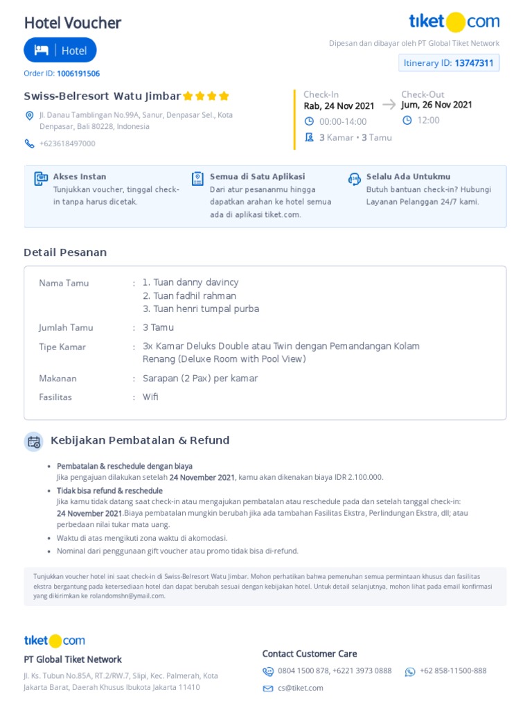 Pemesanan Kamar di Swiss-Belresort Bali | PDF