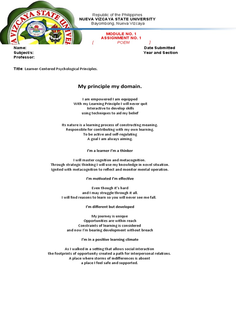 My Principle My Domain.: (Poem) | PDF | Metacognition | Learning