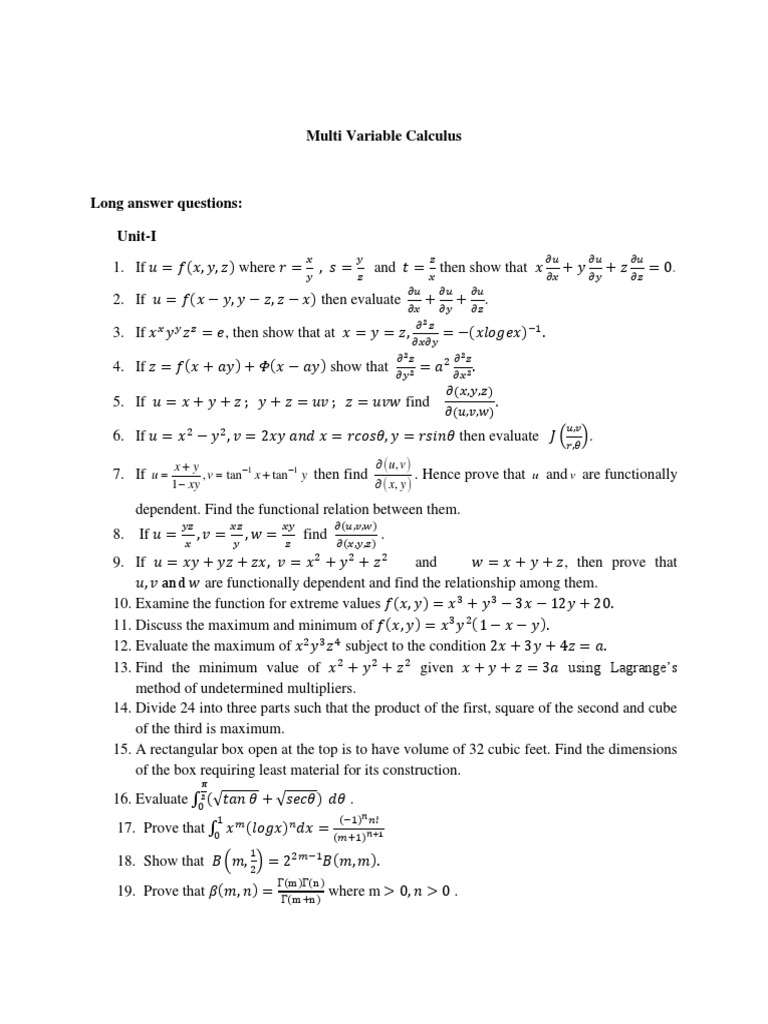 Multi Variable Calculus Question Bank | PDF | Integral | Maxima And Minima
