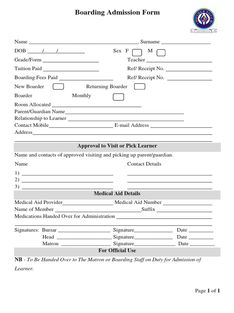Boarding Admission Form Copy 1 | PDF
