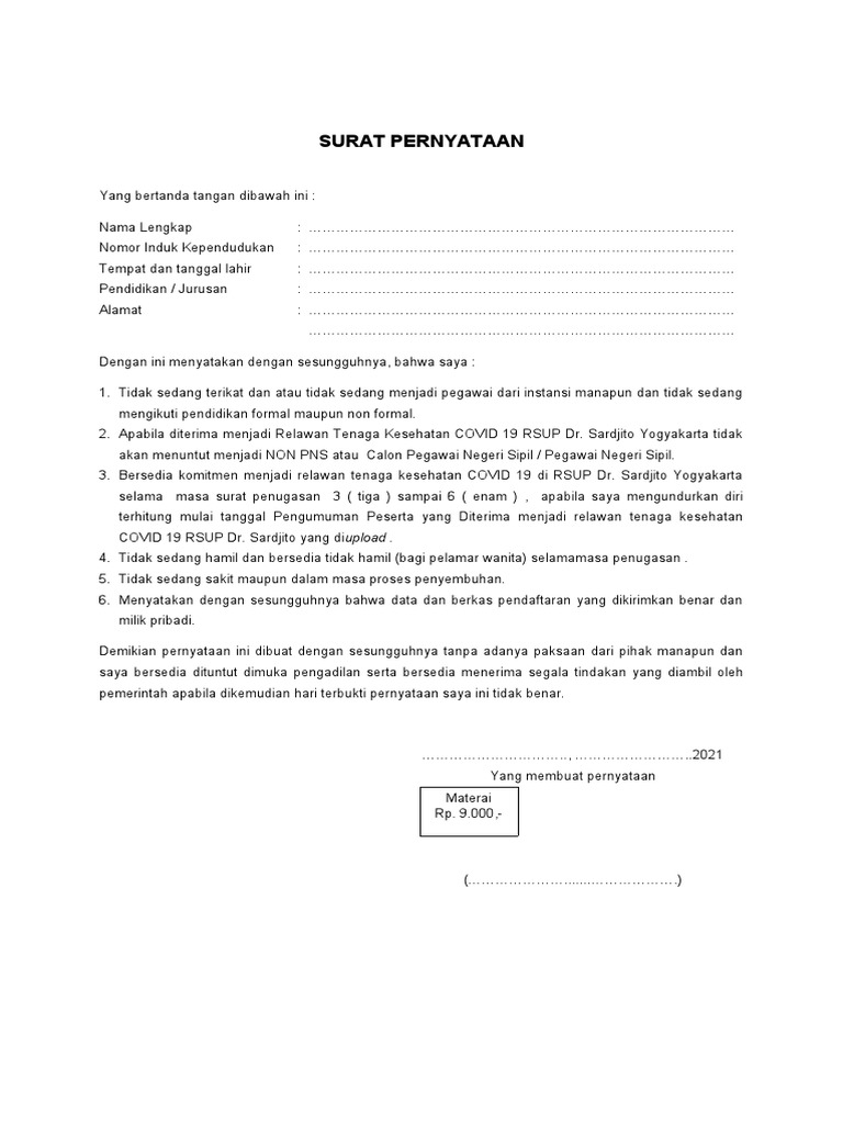 Lampiran Pengumuman (Surat Pernyataan) Relawan | PDF