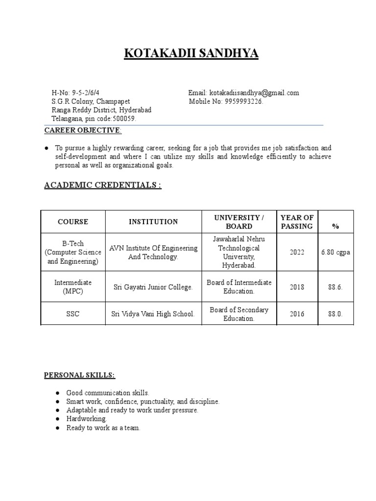 [TITLE] Kotakadii Sandhya's Resume Highlighting Her Academic Credentials, Technical Skills, and ...