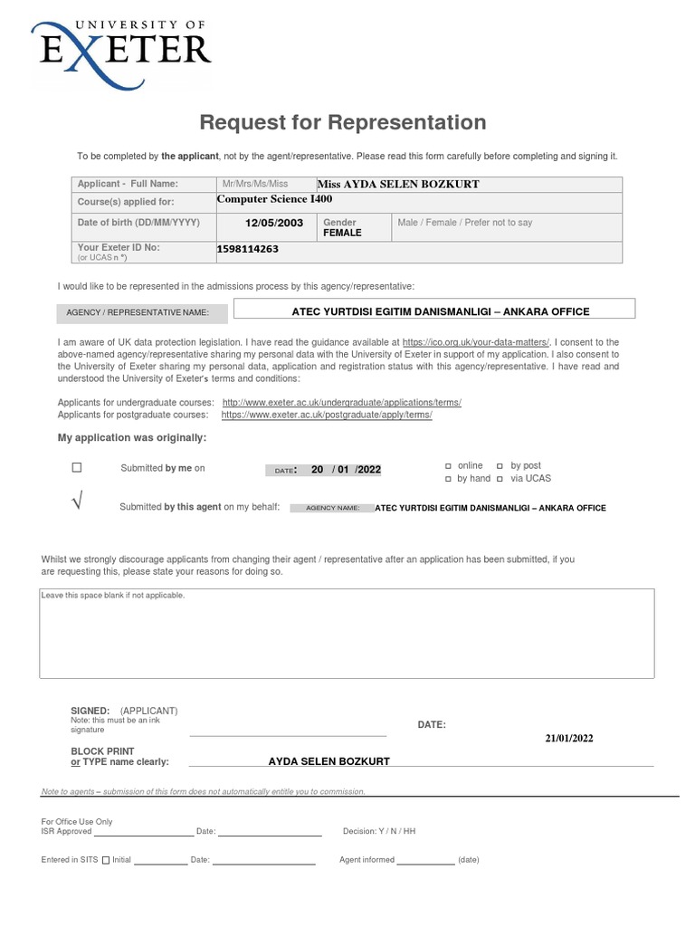 University of Exeter Request For Representation Form | PDF | Government ...