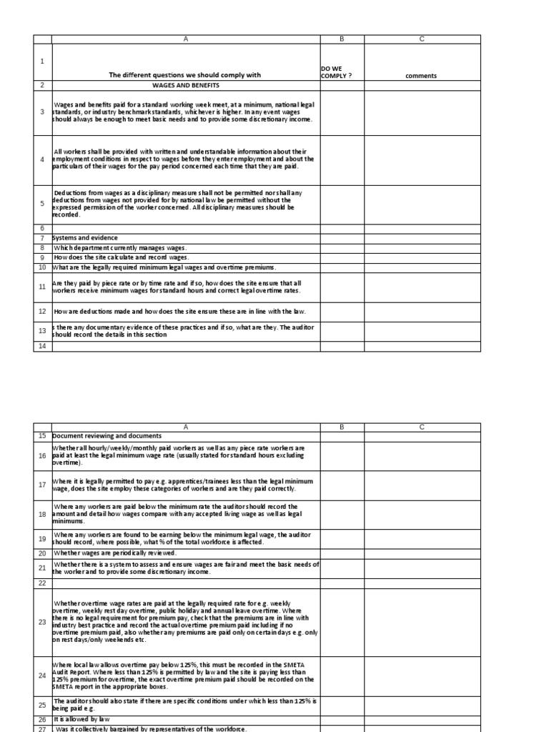 SMETA Checklist (Living Wages, WORKING HOURS) | PDF | Overtime ...