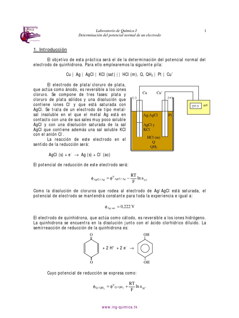 Potencial Normal del Electrodo de Quinhidrona | PDF | Cloruro ...