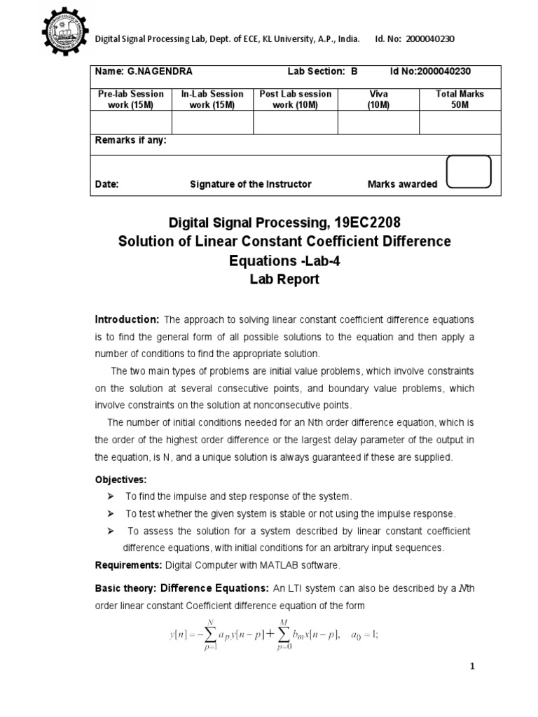 19EC2208 Solution of Linear Constant Coefficient Difference Equations | PDF | Recurrence ...