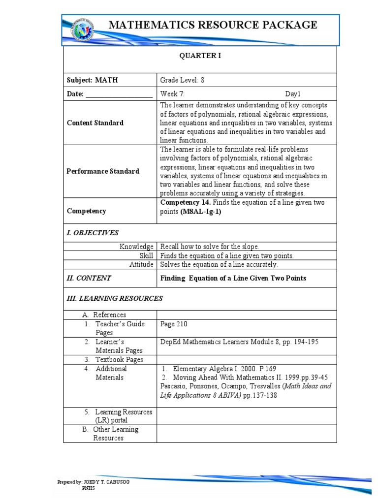 Mathematics Resource Package: I. Objectives | PDF | Equations ...