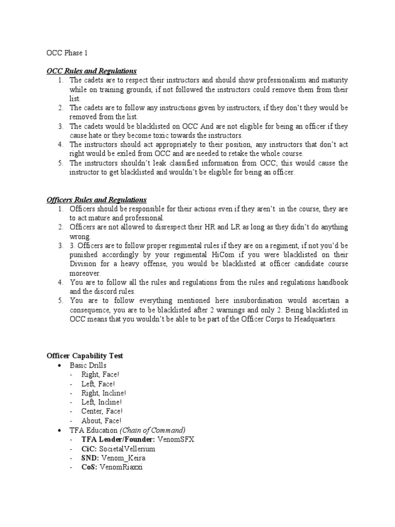 OCC Rules and Regulations: Officer Capability Test | PDF | Leadership ...