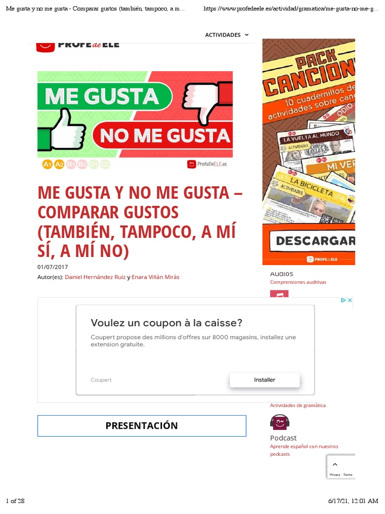 Me Gusta y No Me Gusta - Comparar Gustos (También, Tampoco, A Mí Sí, A ...