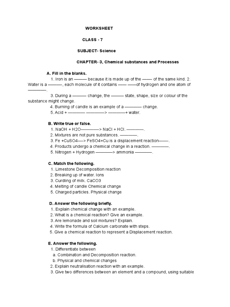 Class 7 Science: Chemical Substances Worksheet | PDF | Chemical ...