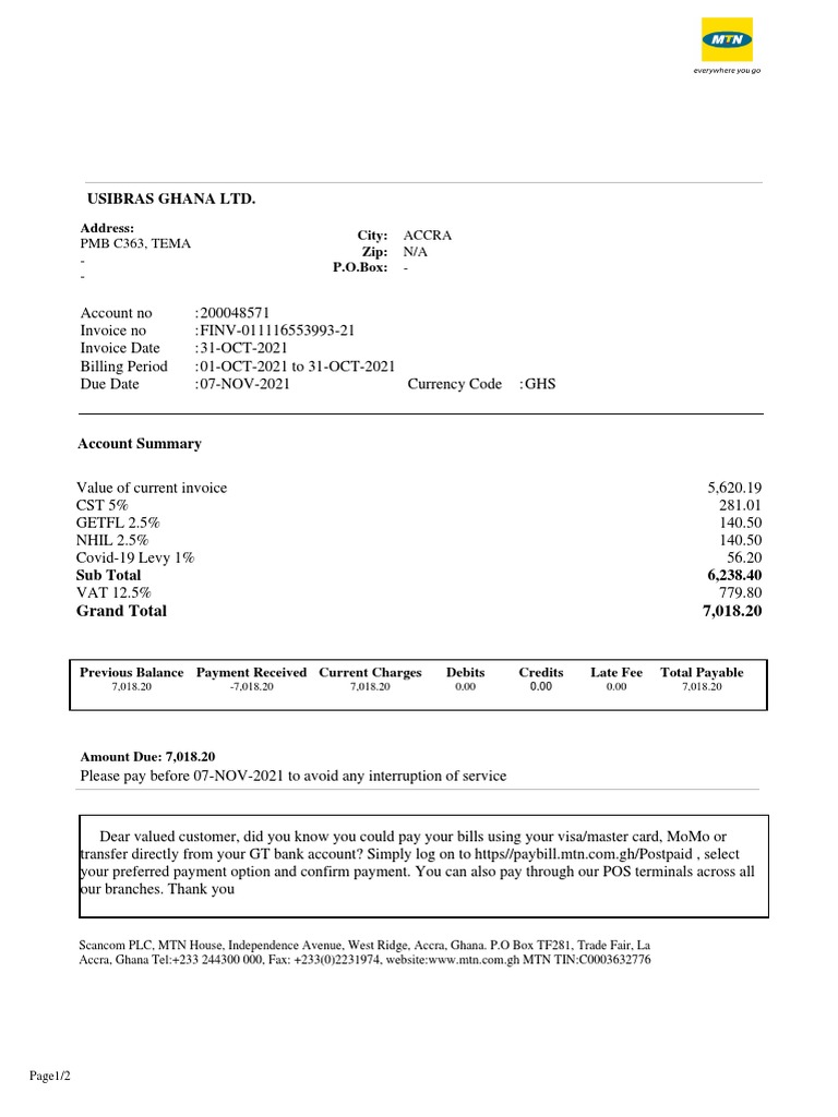 MTN Invoice - Oct 2021 | PDF | Invoice | Payments