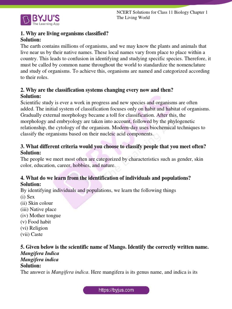 NCERT Solutions Class 11 Biology Chapter 1 | PDF | Species | Taxonomy ...