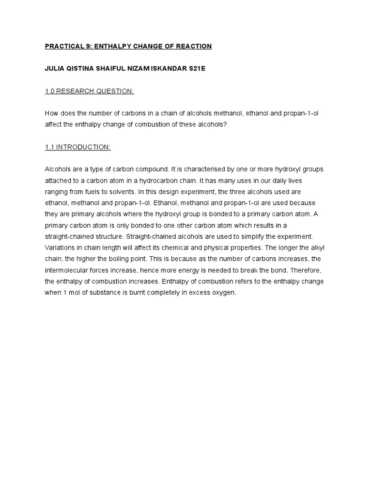 Practical 9: Enthalpy Change of Reaction | PDF | Alcohol | Combustion