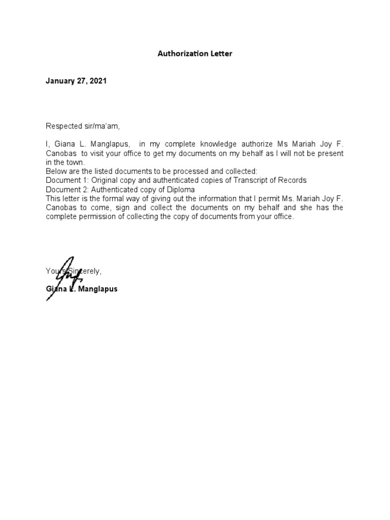 Authorization Letter: January 27, 2021 | PDF