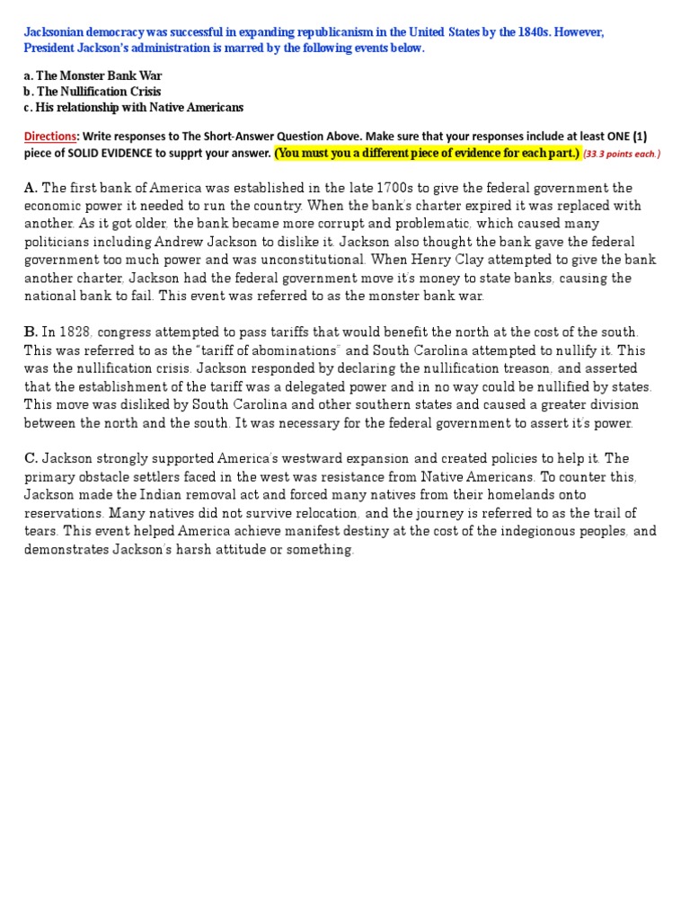 Andrew Jackson Short Answer Question | PDF