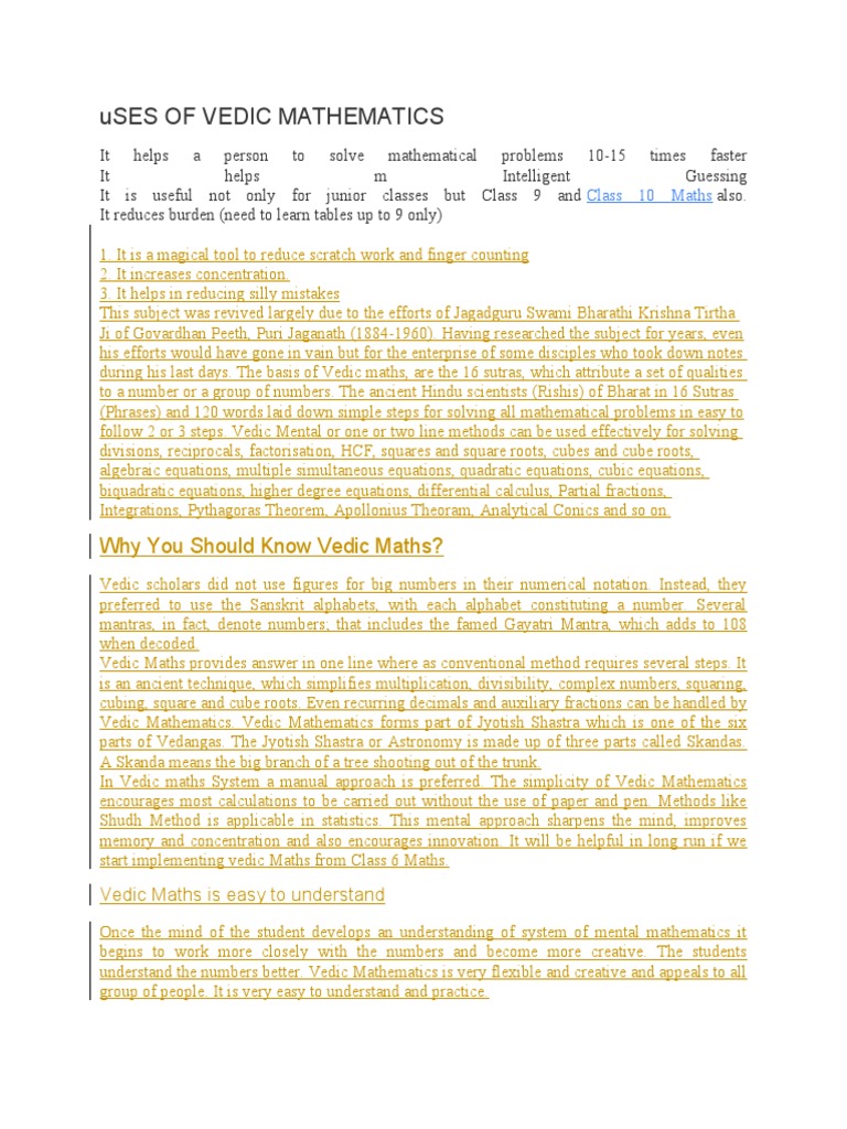 Uses of Vedic Mathematics: Why You Should Know Vedic Maths? | PDF ...