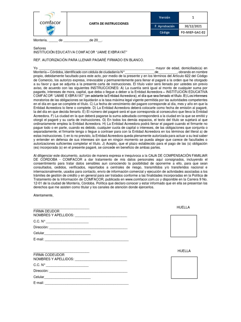 CARTA - DEINSTRUCCIONES Comfacor | PDF | Pagos