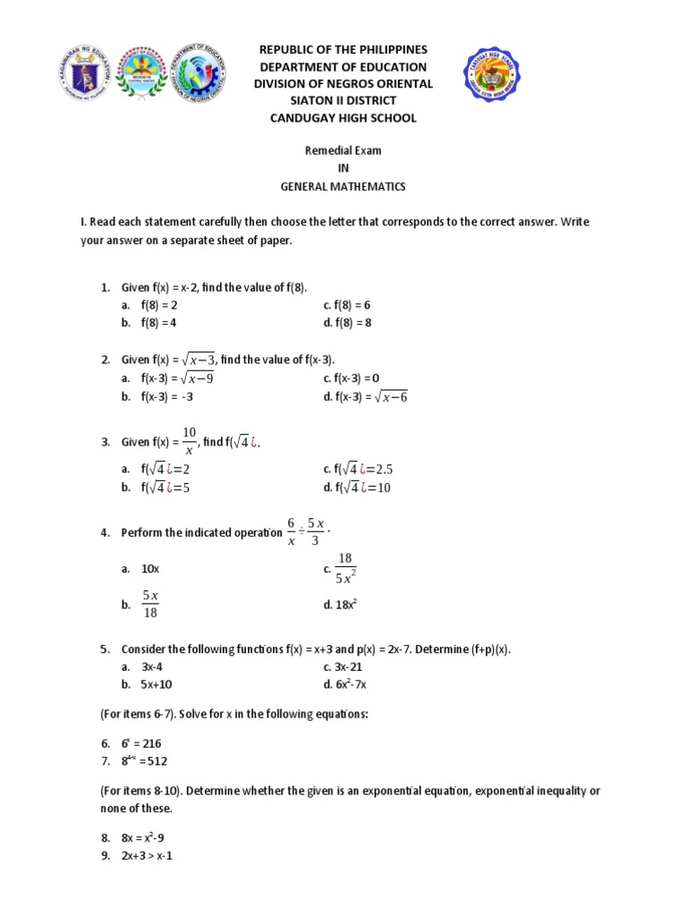 Gen Math Remedial Exam | PDF