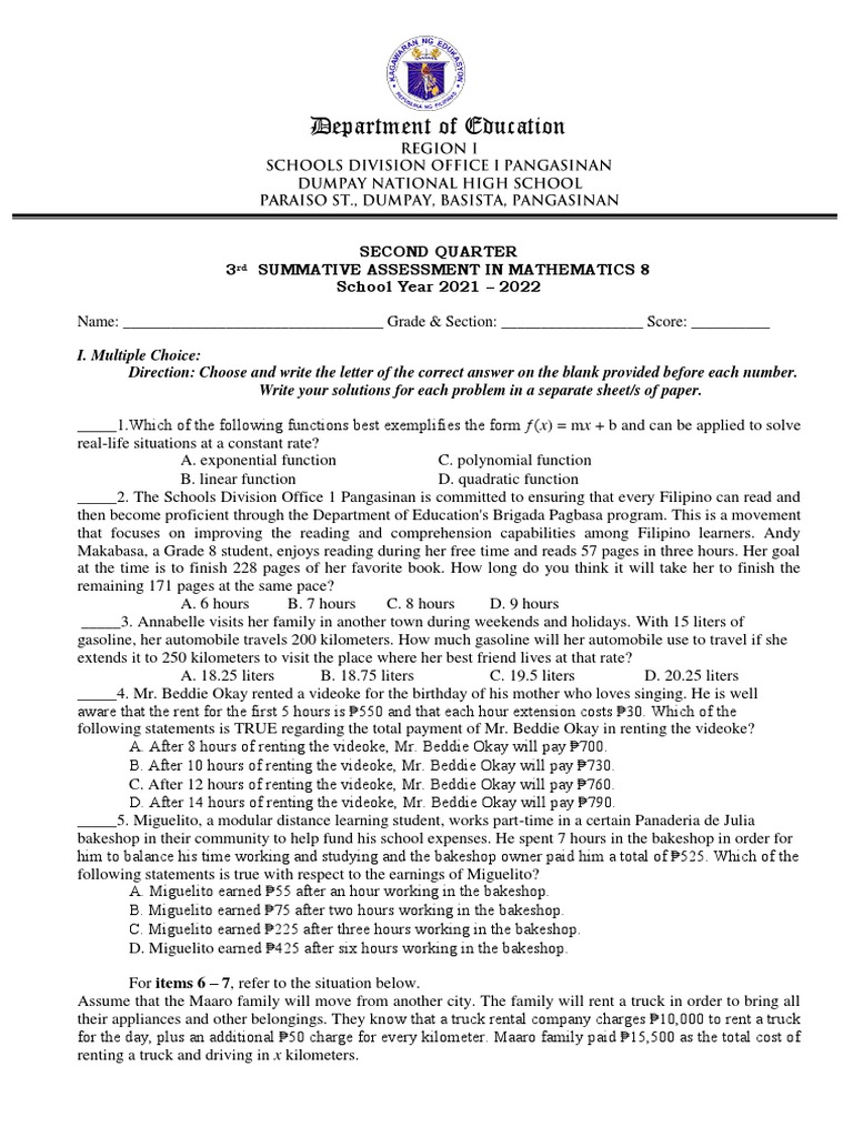 Math 8 Second Quarter Assessment | PDF | Function (Mathematics ...