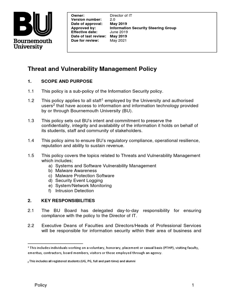 Threat and Vulnerability Management Policy | PDF | Malware | Antivirus Software