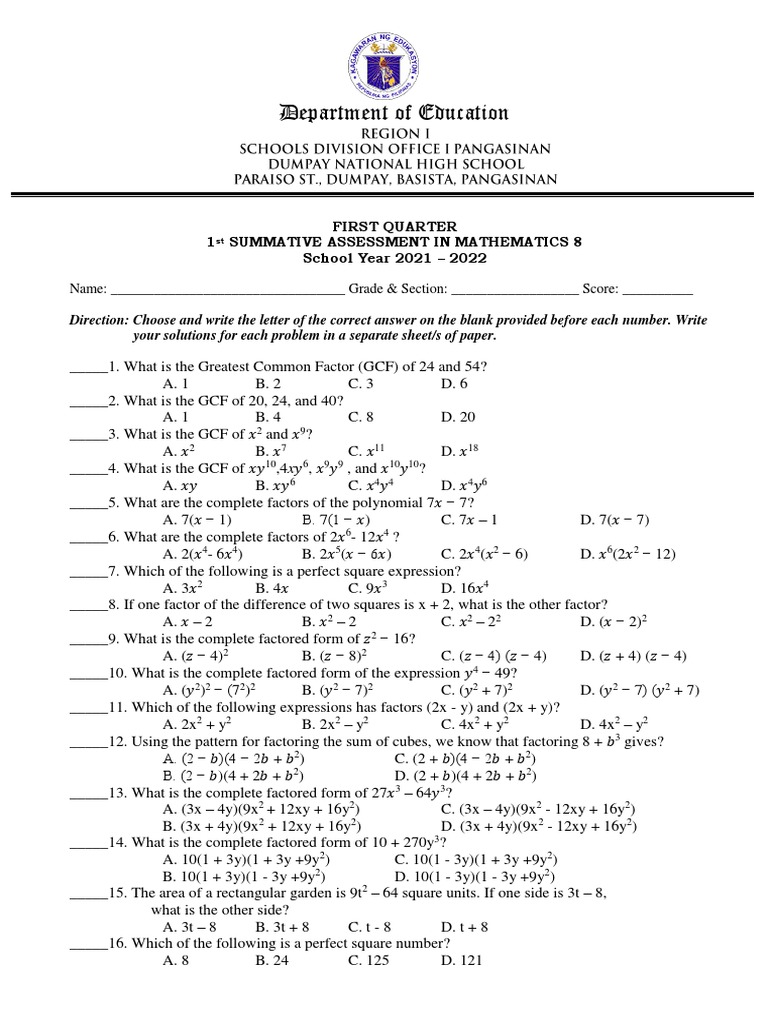 1st Summative Assessment (Math 8) Q1 | PDF | Mathematical Analysis ...