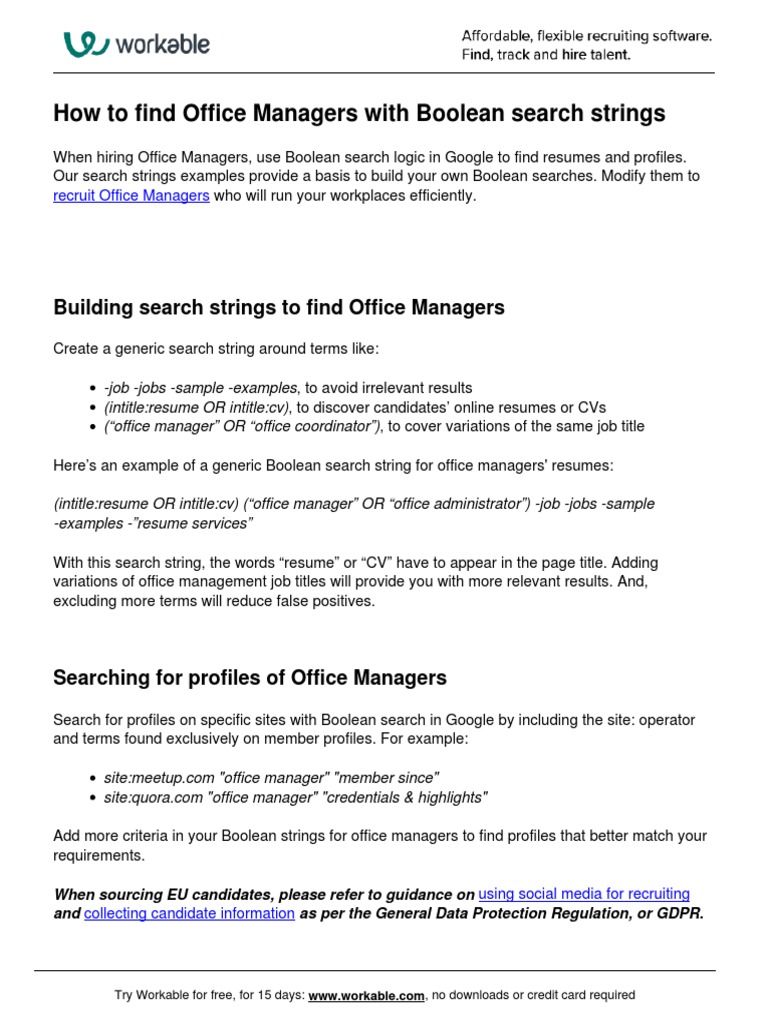 Find Office Managers Boolean Search Strings | PDF | Résumé | Boolean Data Type