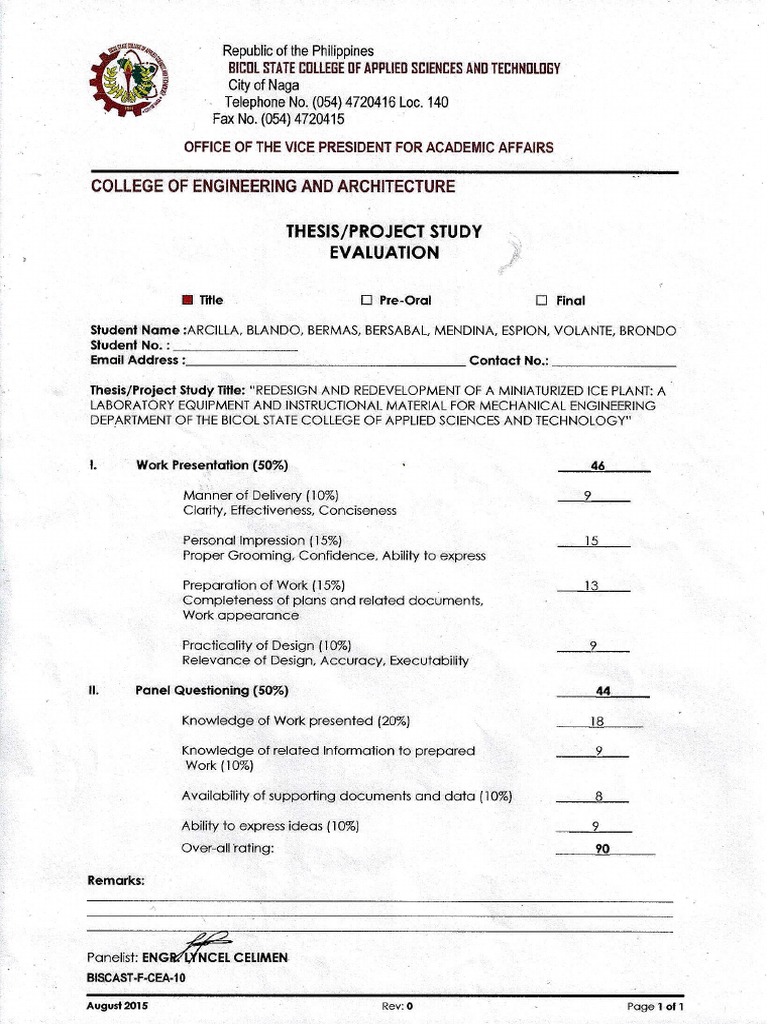 Title Defense (Evaluation Form) | PDF