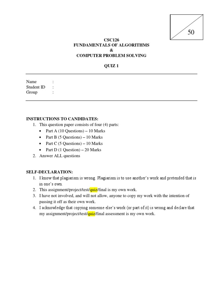 CSC126 Fundamentals of Algorithms & Computer Problem Solving Quiz 1 | PDF | C (Programming ...