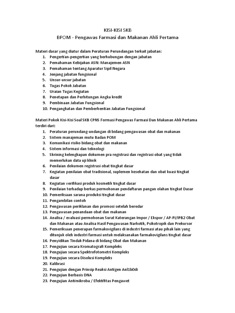 Kisi-Kisi SKB Bpom PFM | PDF