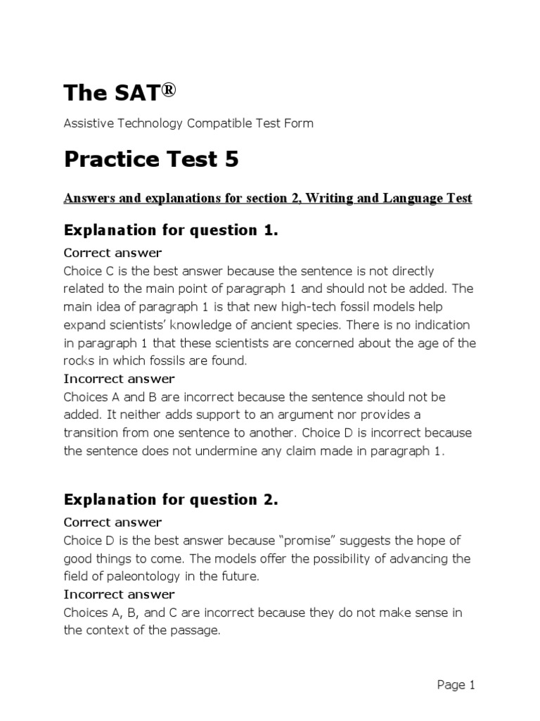 Sat Practice Test 5 Writing and Language Answers Assistive Technology ...