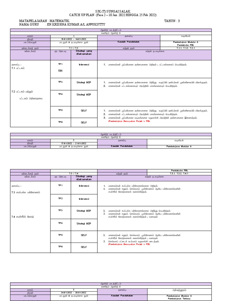 Catch Up Plan Matematik Tahun 3 | PDF