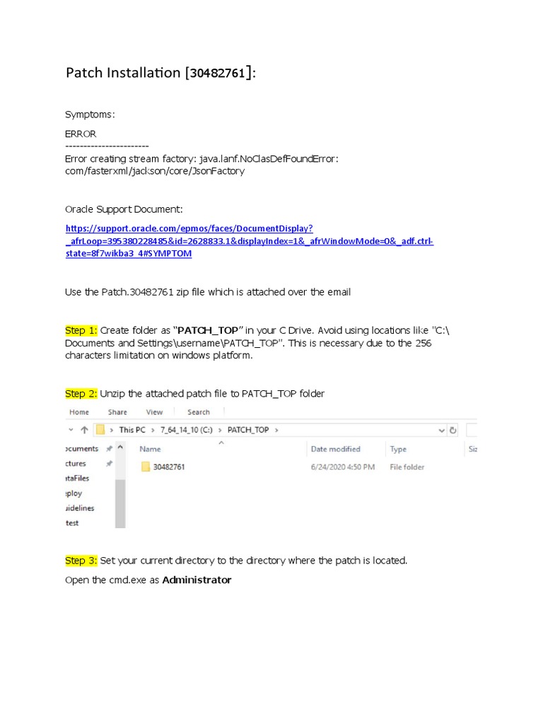 Patch Installation 30482761: Fix for Java.lang.NoClassDefFoundError | PDF