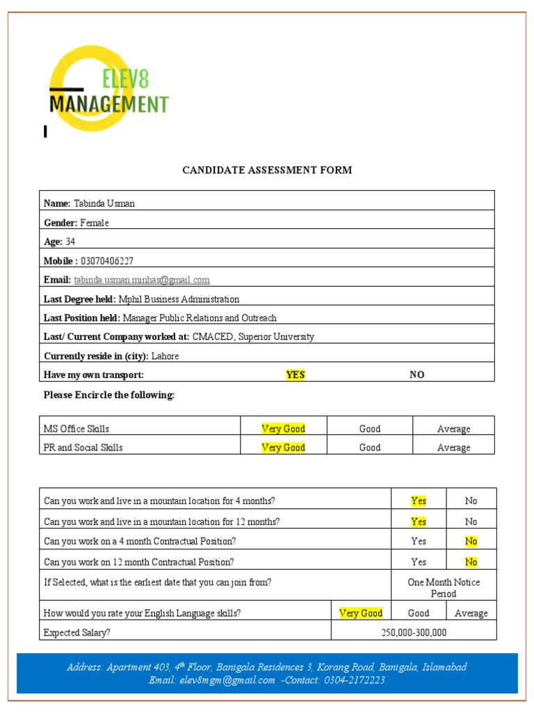 Candidate Assessment Form | PDF | Business | Communication