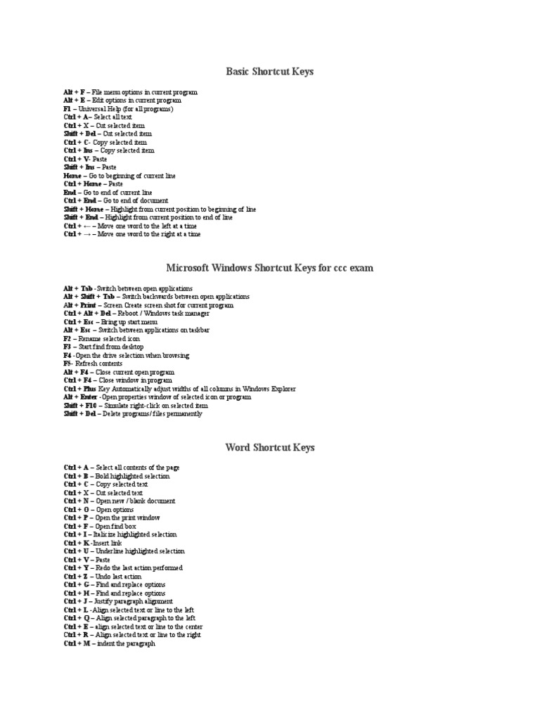 Microsoft Windows and Office Shortcut Keys for ccc exam | PDF ...