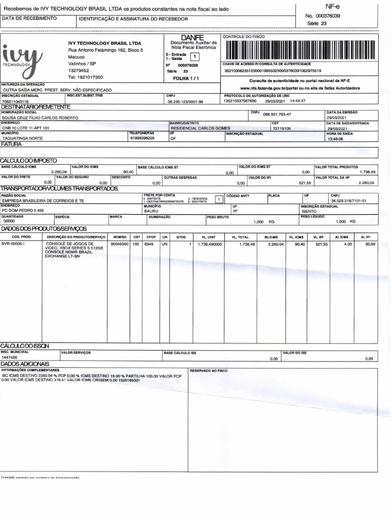 Nota Fiscal Xbox Series S | PDF