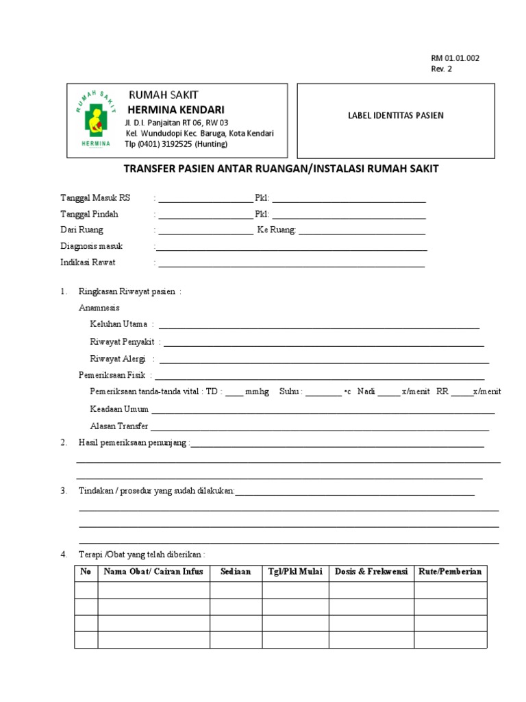 RM 01.01.002 Rev.2 Transfer Pasien Antar Ruangan Instalasi RS | PDF