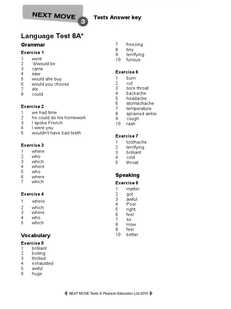 Language Test 8A : Tests Answer Key | PDF