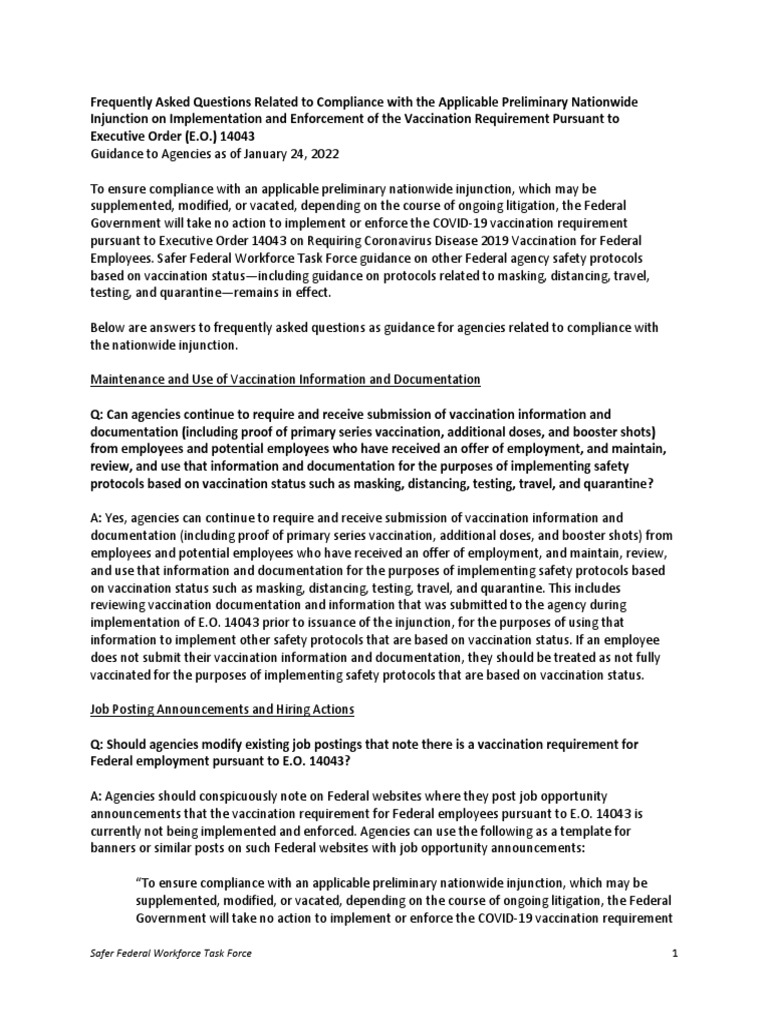 FAQs On Compliance With Federal Employee Vaccine Mandate Injunction | PDF