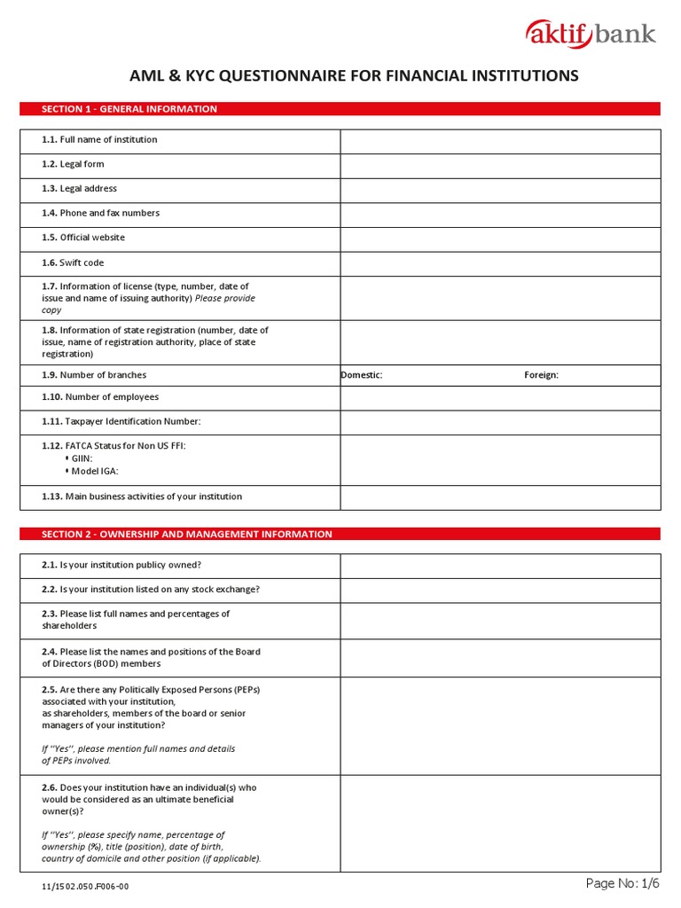 AML KYC Questionnaire For Financial Institutions | PDF | Money ...