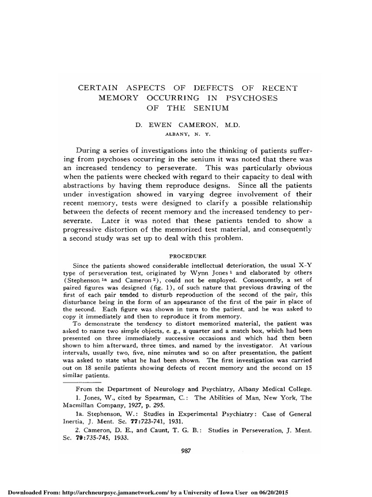 Certain Aspects of Defects of Recent Memory Occurring in Psychoses of ...