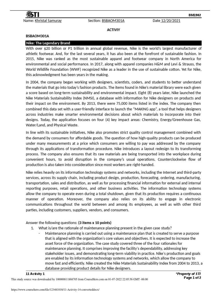 Nike's Strategies for Continuous Operations Through Planned Maintenance ...