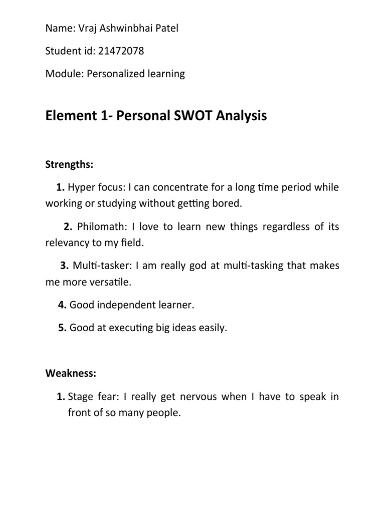 Element 1-Personal SWOT Analysis: Name: Vraj Ashwinbhai Patel Student ...