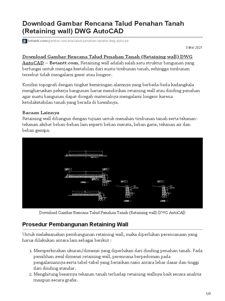 Rencana Talud Penahan Tanah Retaining Wall DWG AutoCAD | PDF