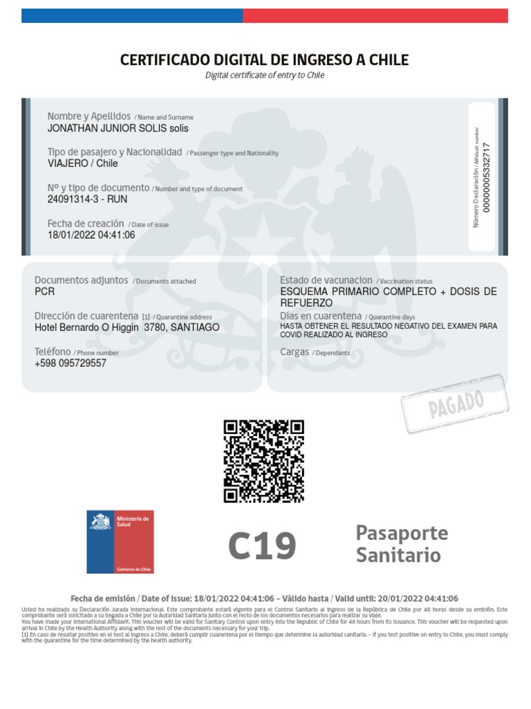 Digital Certificate Provides Details for Traveler's Entry to Chile | PDF