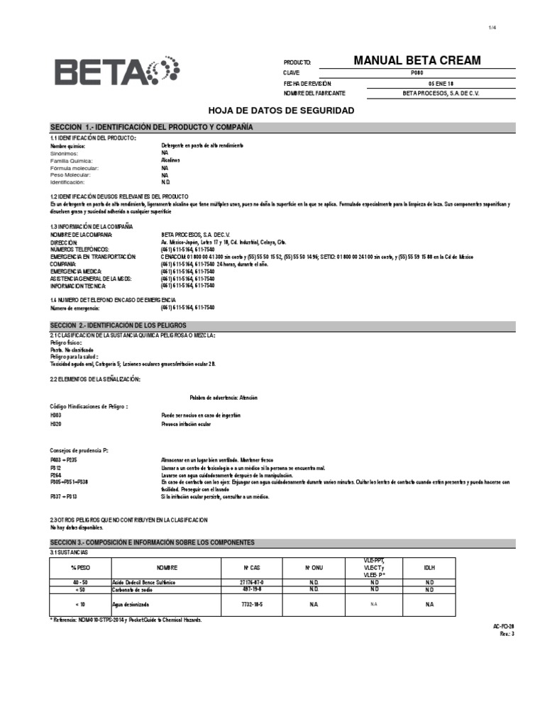 Manual Beta Cream | PDF | Agua | Química