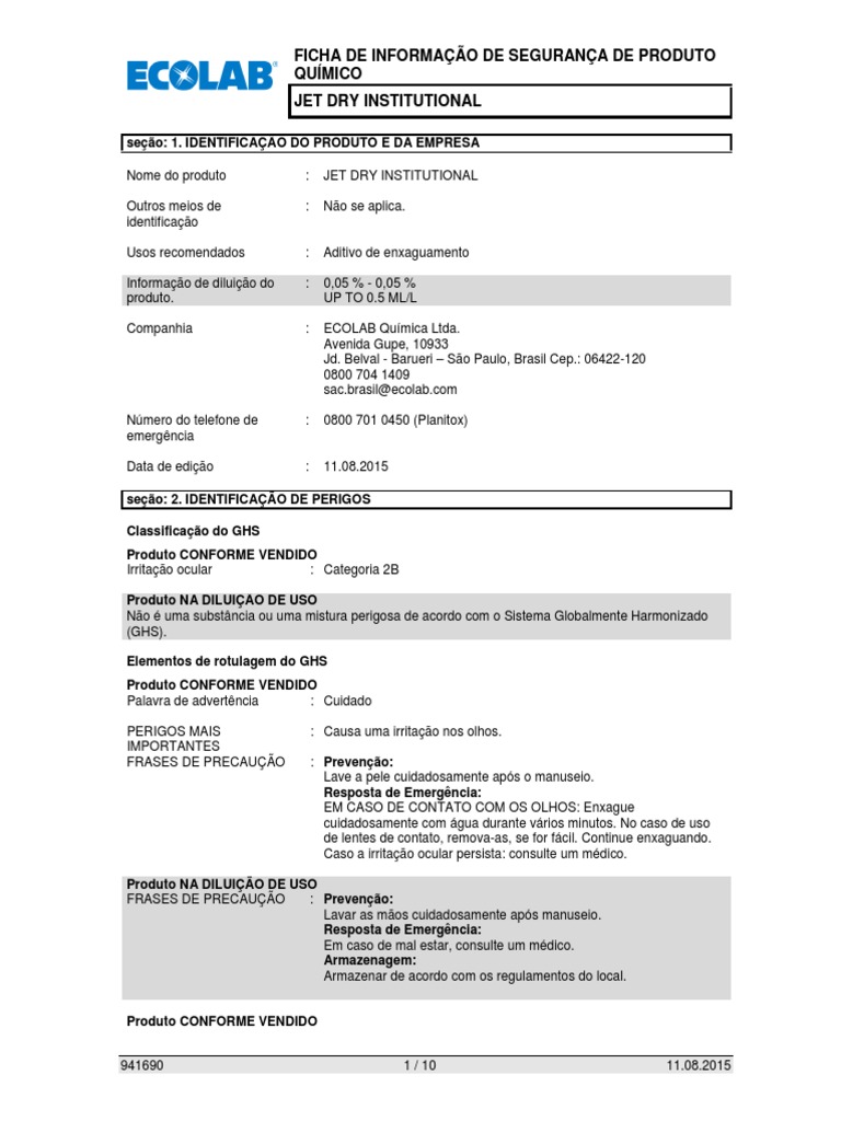 FISPQ GHS - Jet Dry | PDF | Desperdício | Combustão