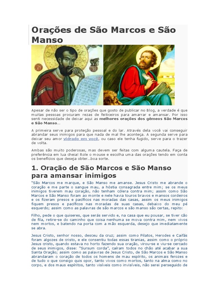 Orações De São Marcos E São Manso Pdf Oração Jesus
