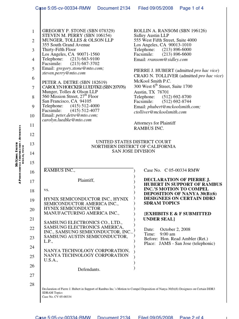 Declaration of Pierre J. Hubert in Support of Rambus Inc.'S Motion To ...