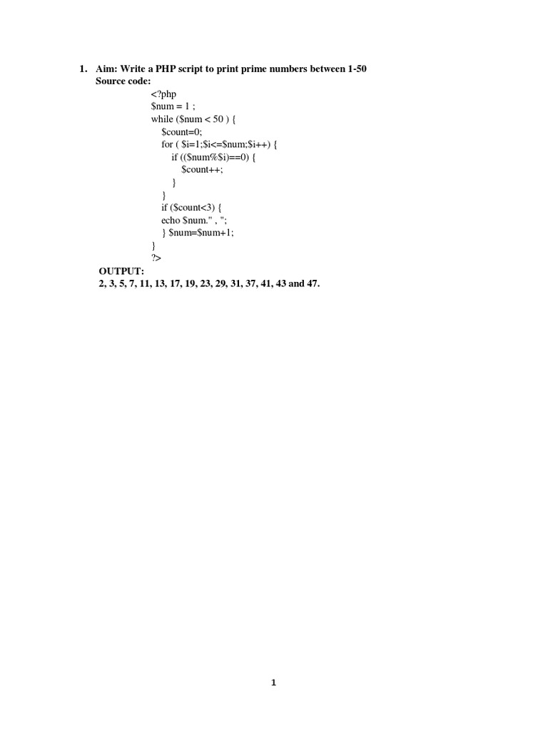 Aim: Write A PHP Script To Print Prime Numbers Between 1-50 Source Code | Download Free PDF ...
